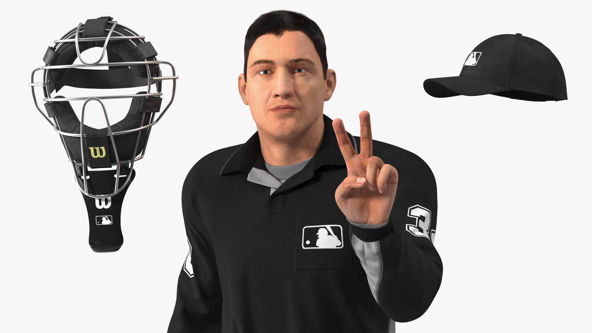 Baseball Umpire With Protective Mask And Cap Showing Points Pose Fur ...
