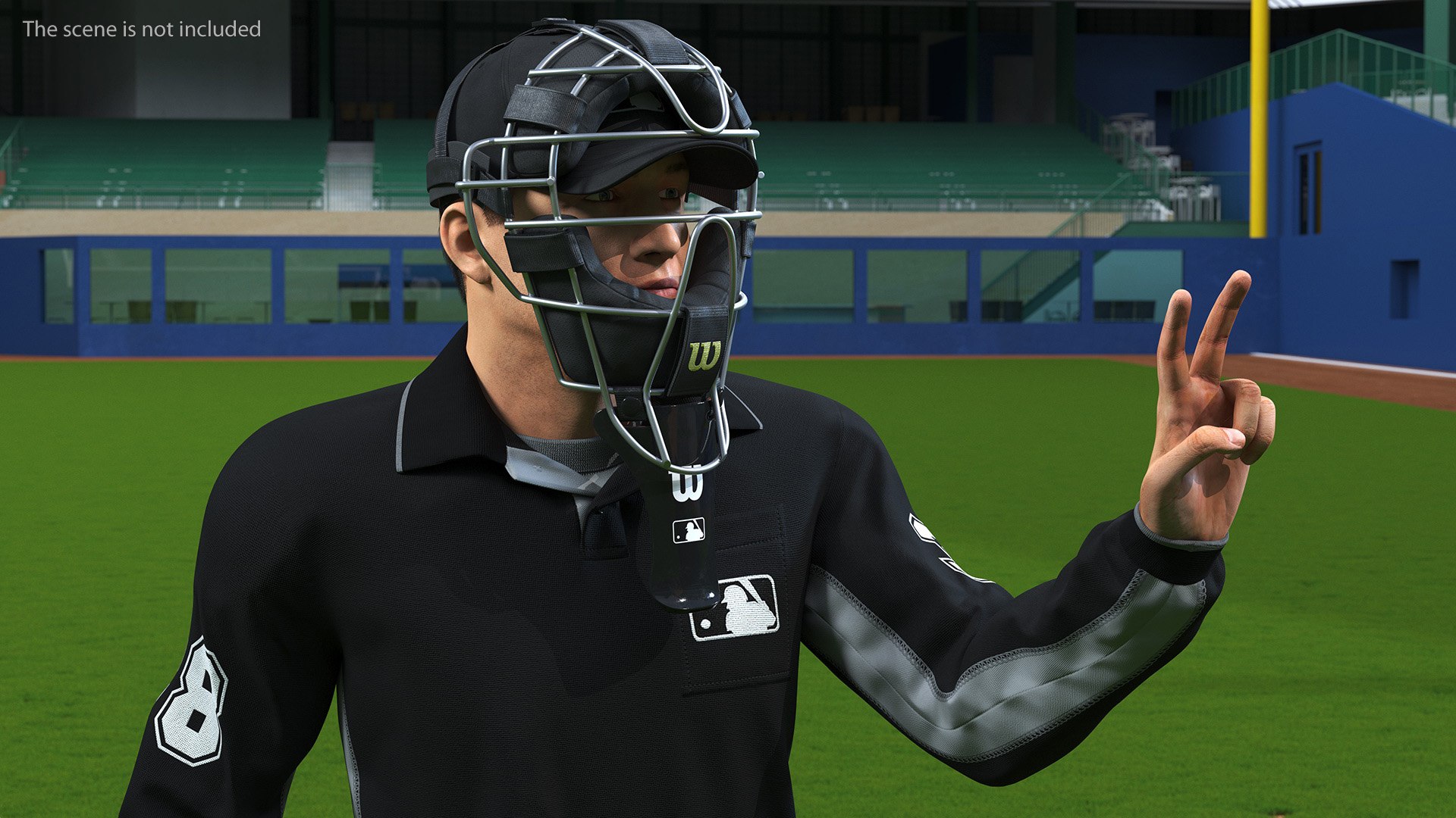 Baseball Umpire With Protective Mask And Cap Showing Points Pose Fur ...