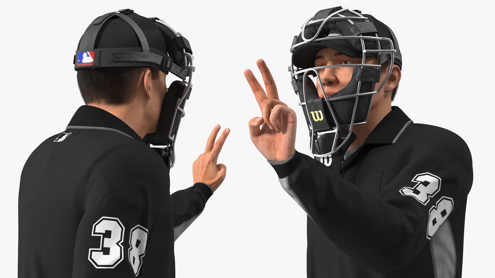 Baseball Umpire With Protective Mask And Cap Showing Points Pose Fur ...