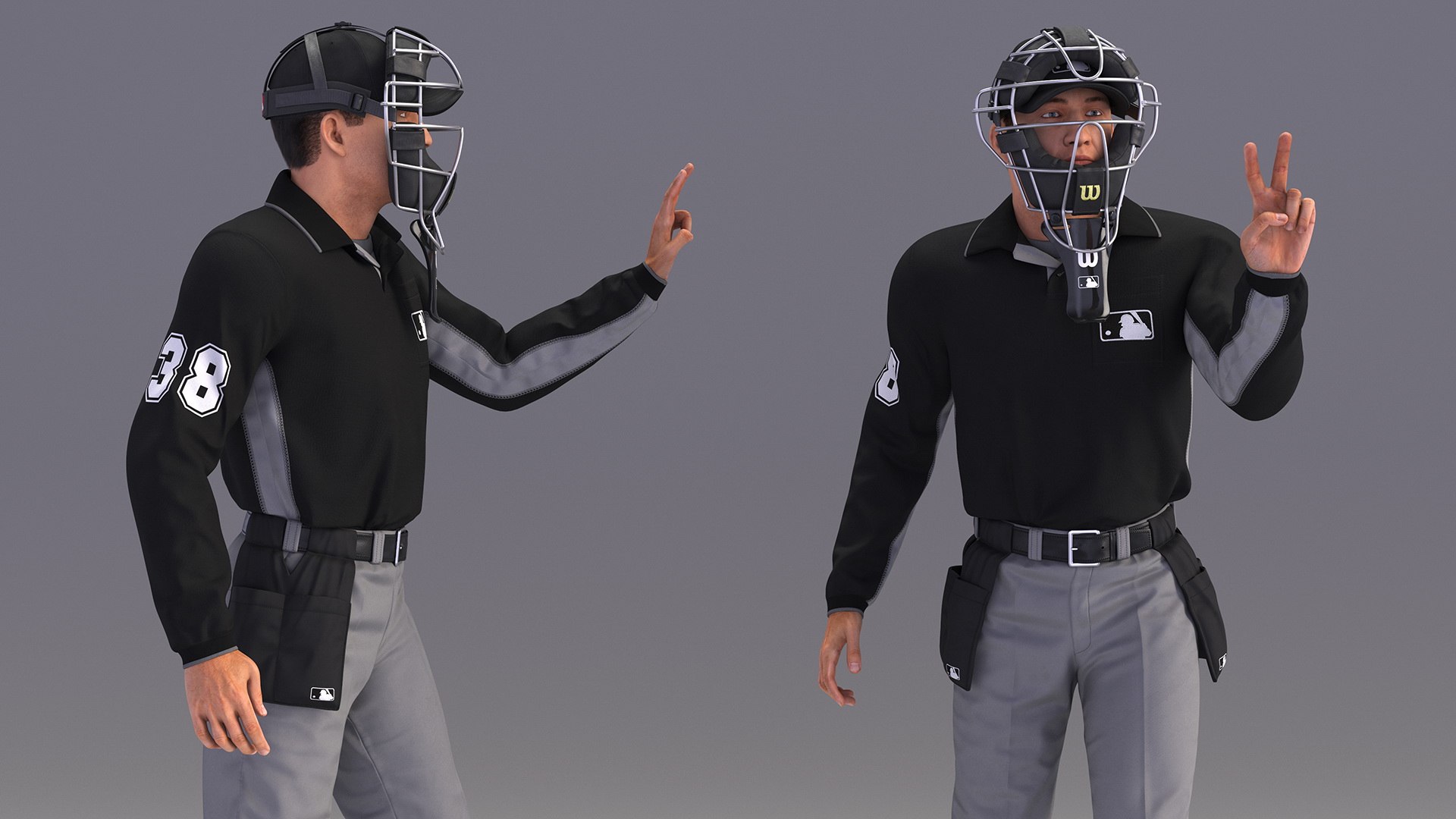 Baseball Umpire With Protective Mask And Cap Showing Points Pose Fur ...