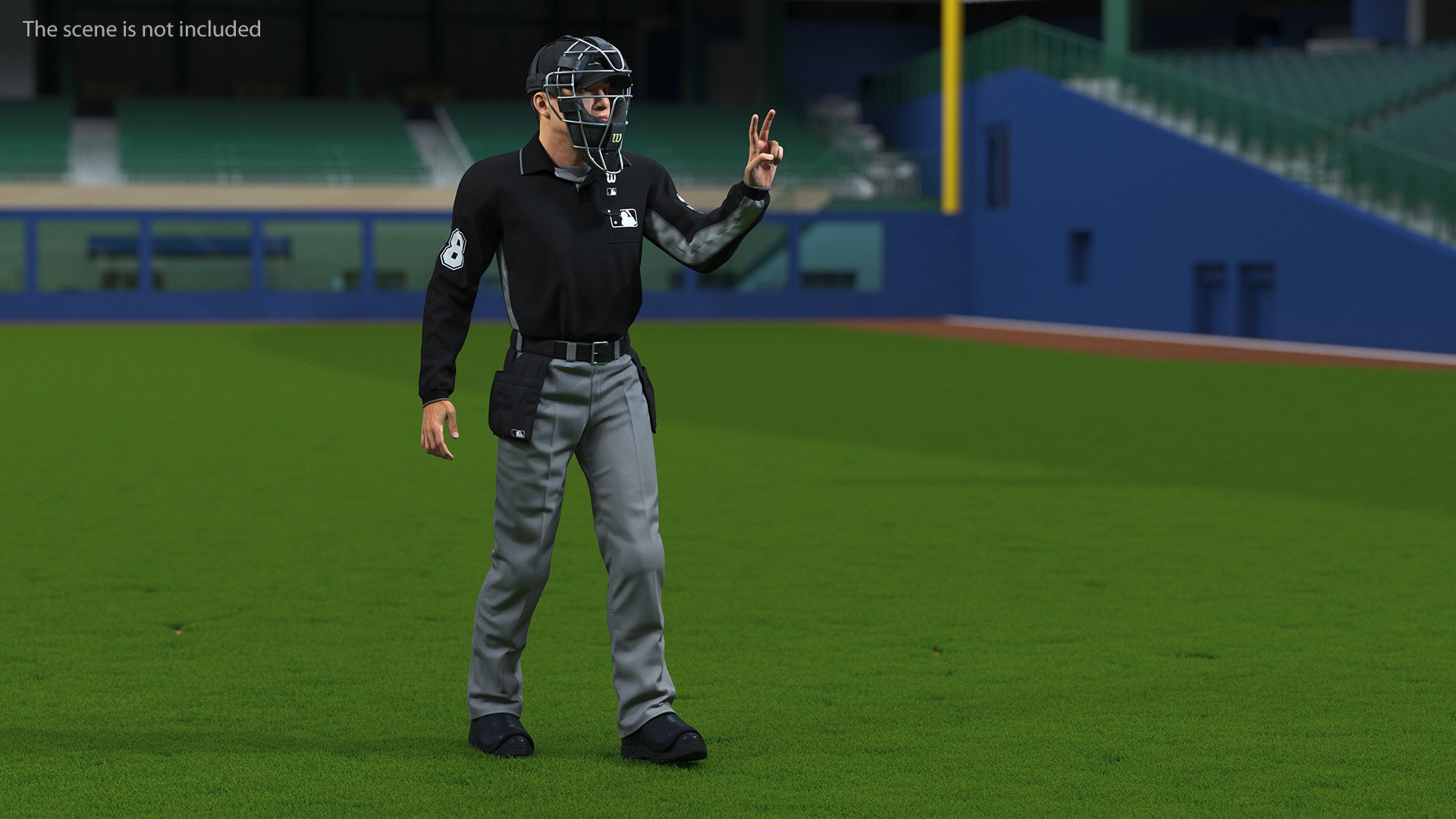 Baseball Umpire With Protective Mask And Cap Showing Points Pose Fur ...