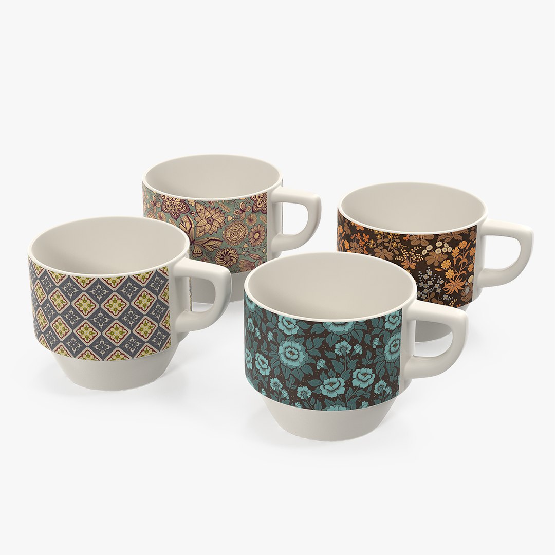 Ceramic mug set floral 3D model - TurboSquid 1591976
