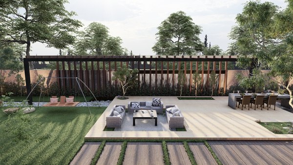 modelo 3d Villa patio trasero casa de estilo americano paisaje Revit ...