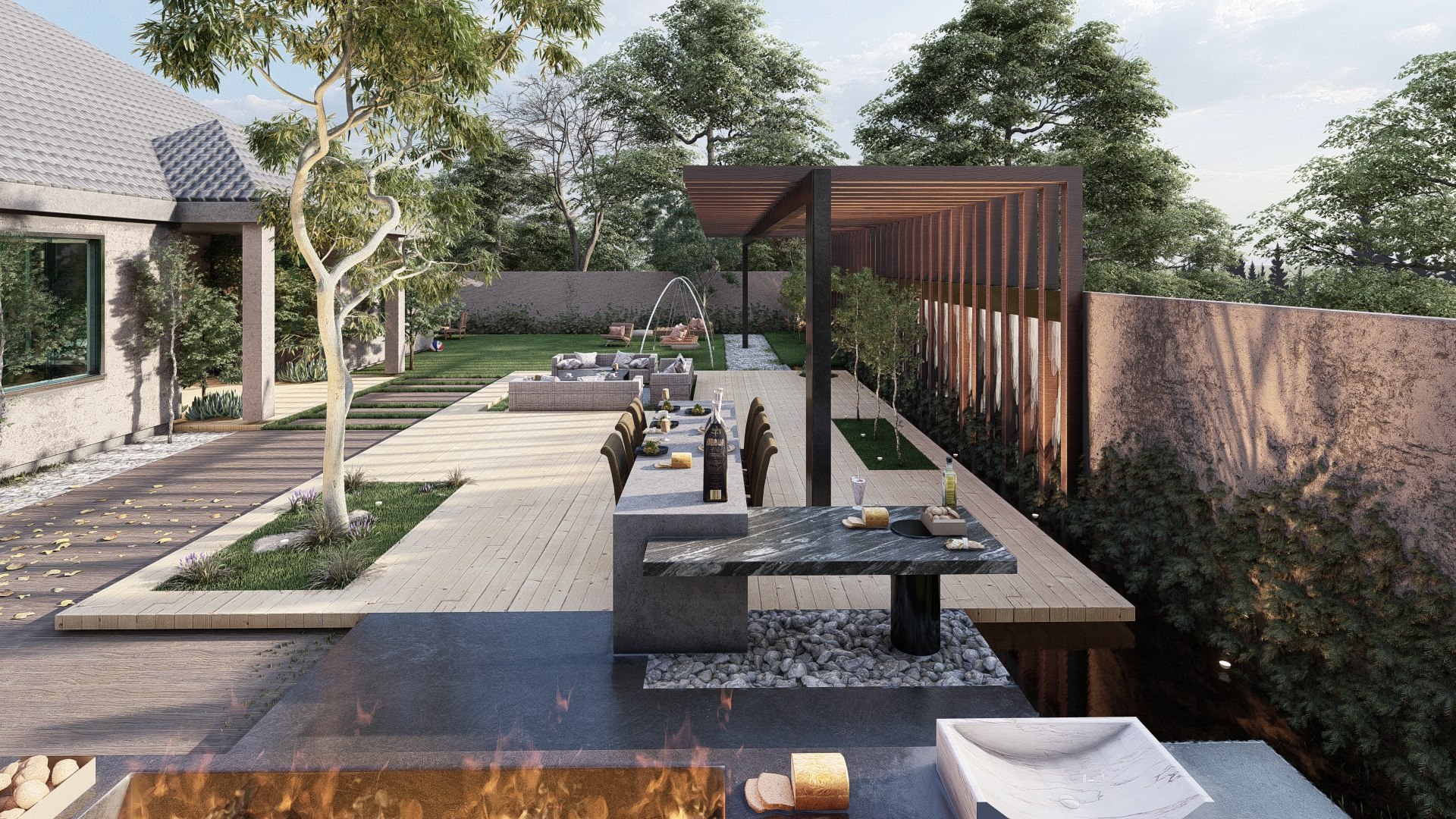 Villa Backyard American Style House Landscape Revit Lumion FBX CAD 3D ...