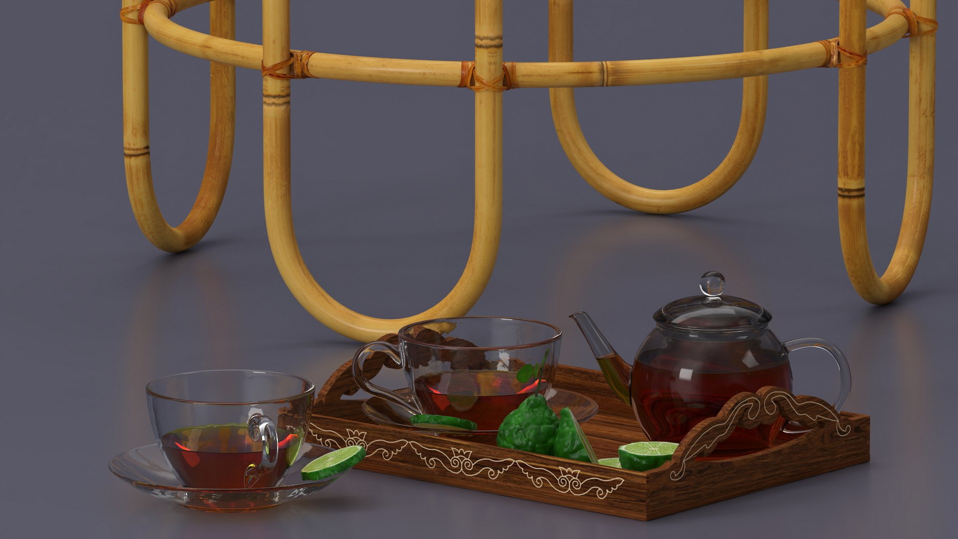 3D Model Tea Table With Drinks And Bergamot - TurboSquid 2287364