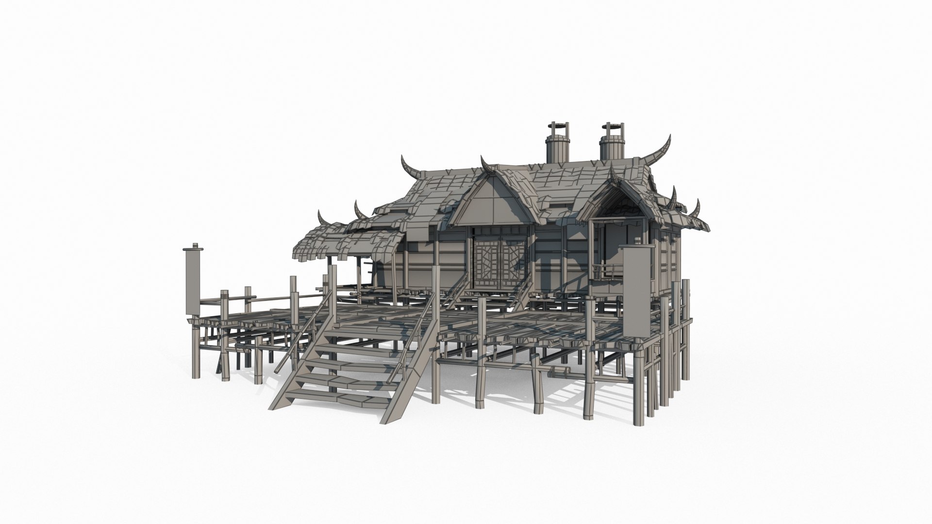 3D Ancient Asian Architecture Thatched Cottage Hall - TurboSquid 2134883