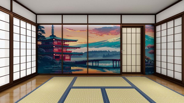 modelo 3d Interior de salón de té oriental japonés con biombo shoji y ...