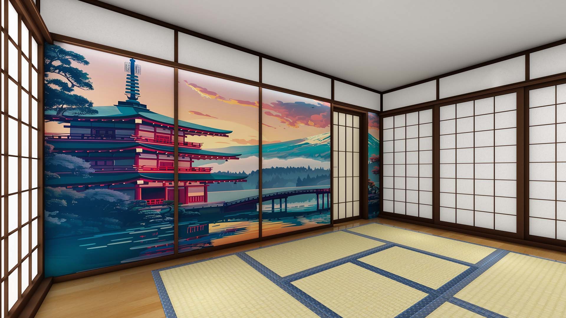 3D Japanese Oriental Tea Room Interior With Shoji Screen And Tatami ...