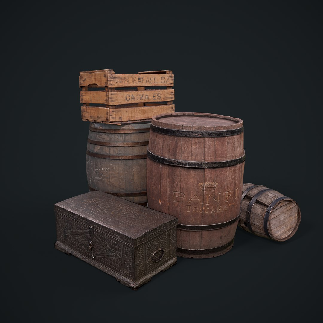 3D Props Barrels Chest Crate Model - TurboSquid 2076394