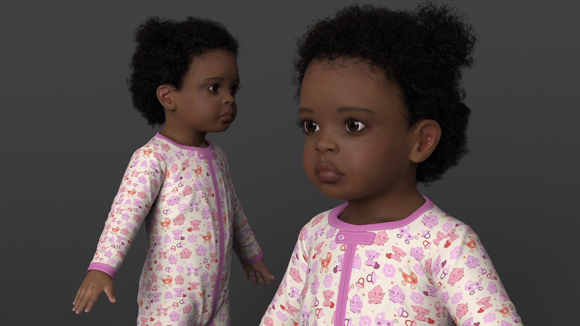 3D Black Baby Girl Light Skin In Full Bodysuit A-Pose Fur - TurboSquid ...