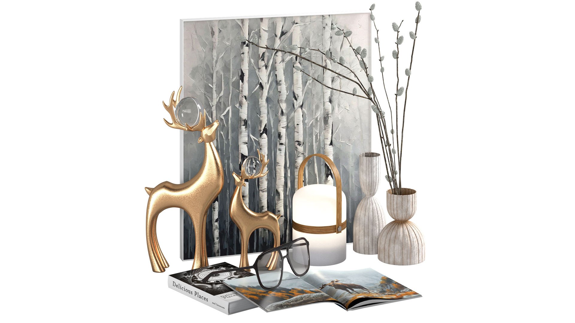 3D Model Decorative Set With Birches And Deer - TurboSquid 2306327