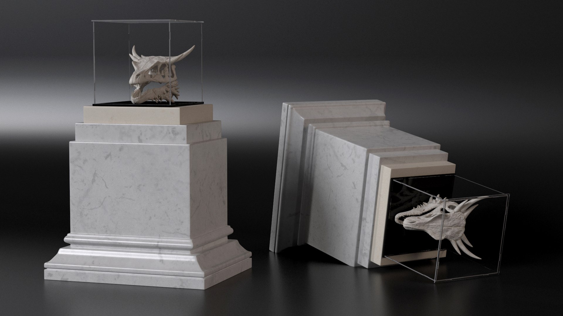 3D Model Exhibit Dragon Skull In Display Case On Marble Pedestal ...