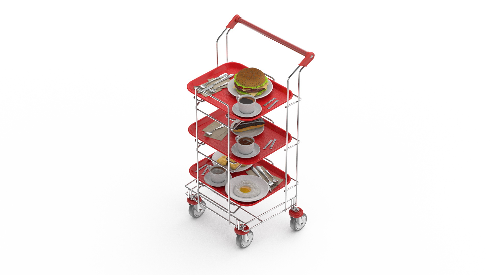 Tray Cart With Red Trays And Food 3D - TurboSquid 2024637