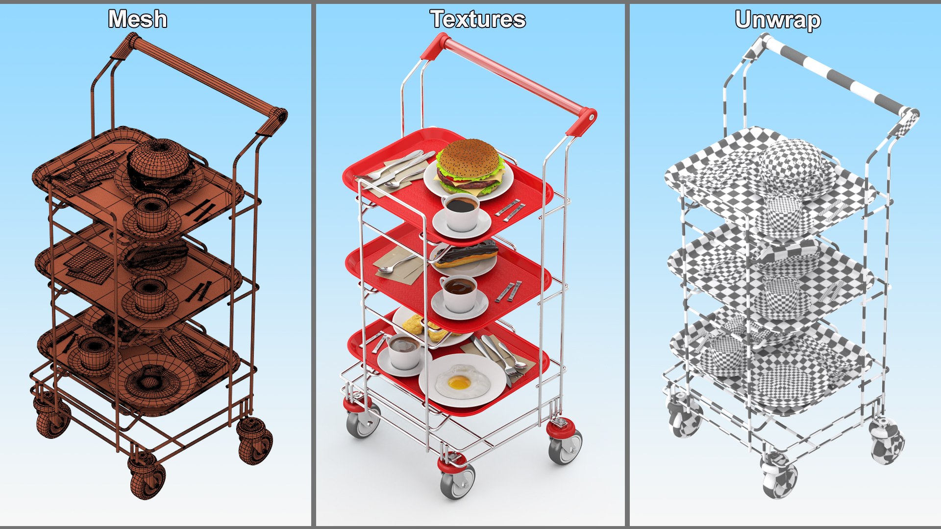 Tray Cart with Red Trays and Food 3D - TurboSquid 2024637