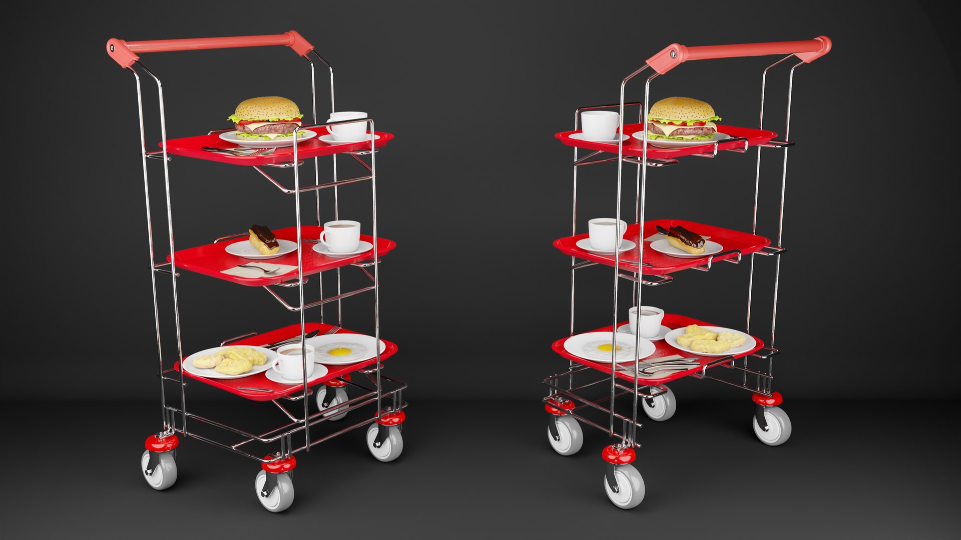 Tray Cart With Red Trays And Food 3D - TurboSquid 2024637