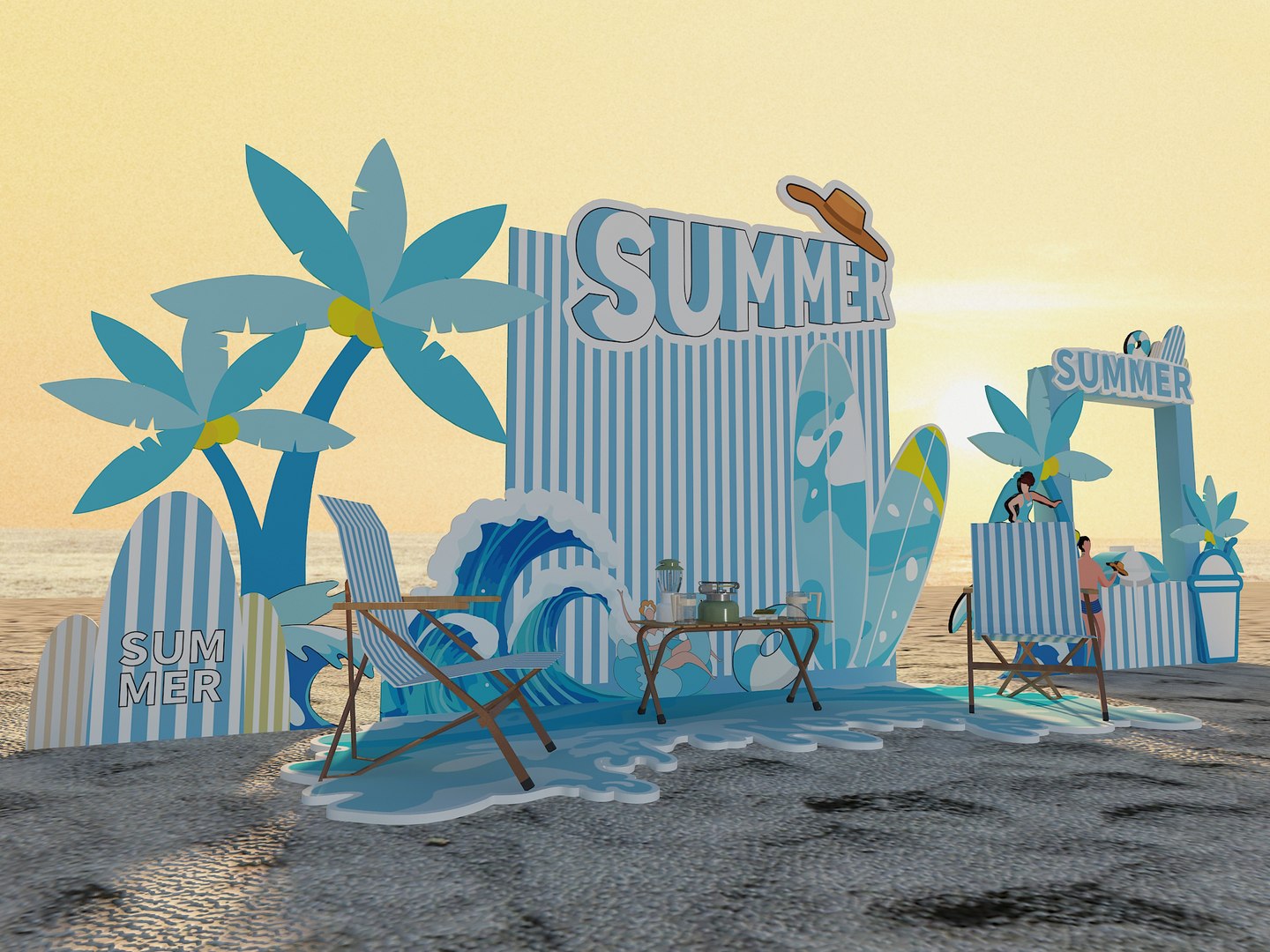 3D Blue Summer Beach Display Checkin Point Beach Checkin Point Camping ...