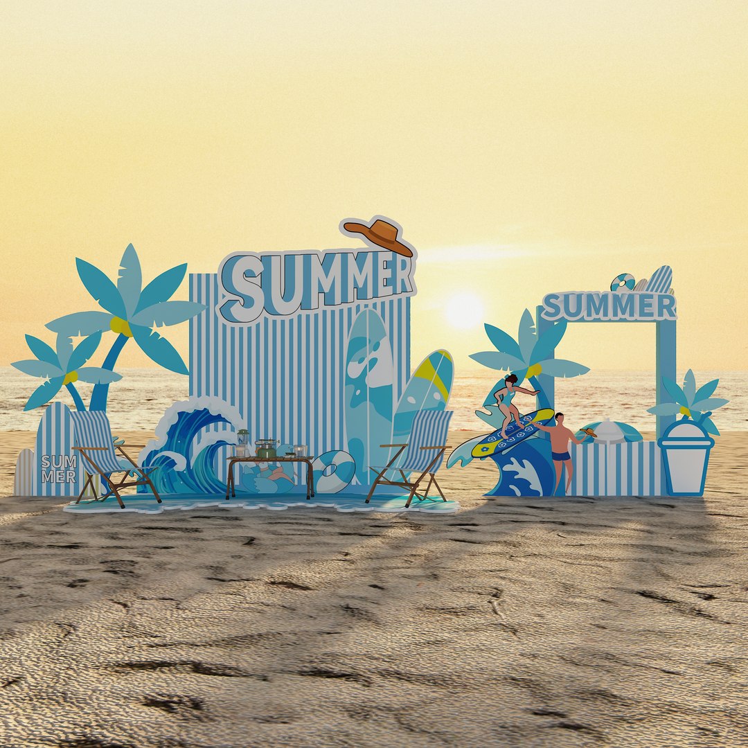 3D Blue Summer Beach Display Checkin Point Beach Checkin Point Camping ...