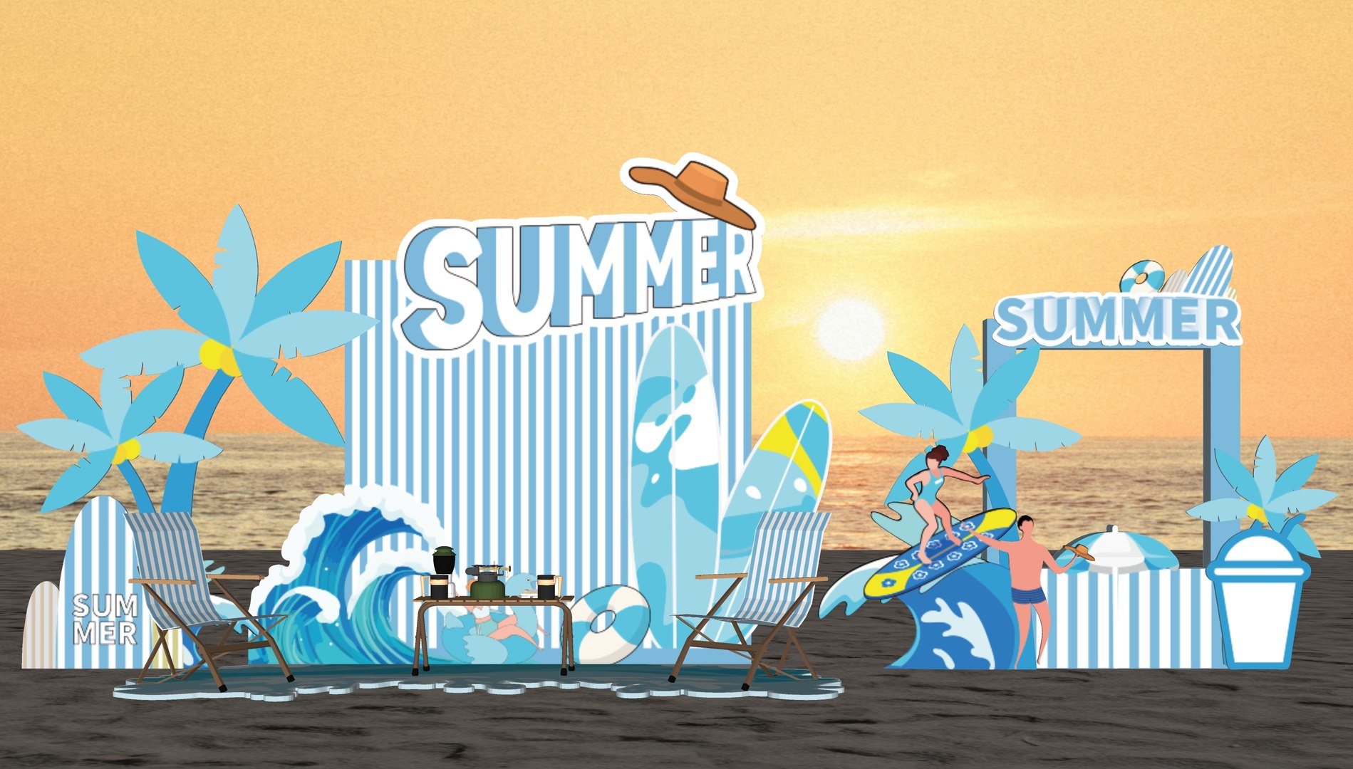 3D Blue Summer Beach Display Checkin Point Beach Checkin Point Camping ...