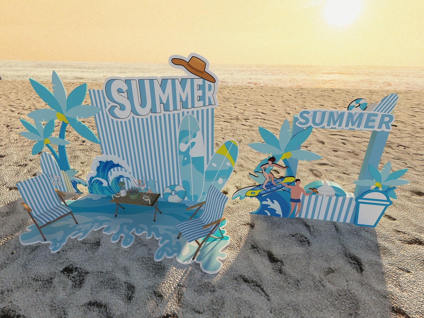 3D Blue Summer Beach Display Checkin Point Beach Checkin Point Camping ...