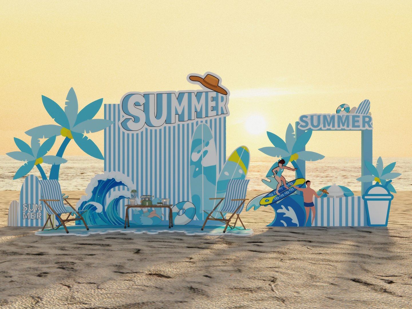 3D Blue Summer Beach Display Checkin Point Beach Checkin Point Camping ...