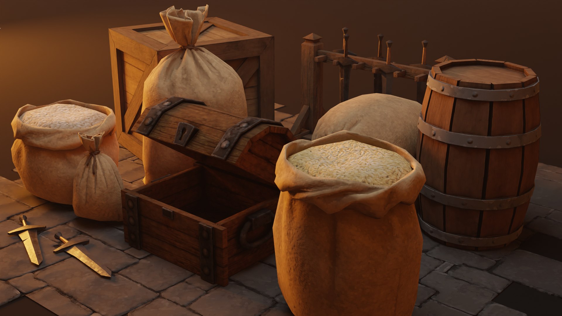 3D Model Medieval Burlap Sacks And Other Asset - TurboSquid 2145818