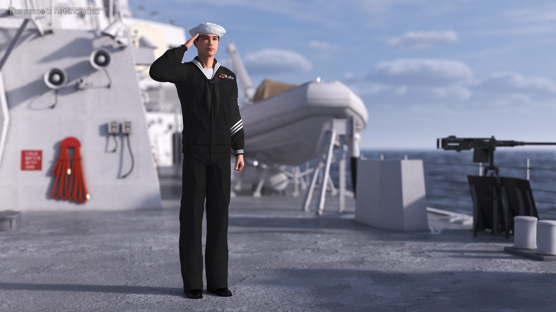 3D US Navy Asian Sailor In Black Uniform Saluted - TurboSquid 2391897