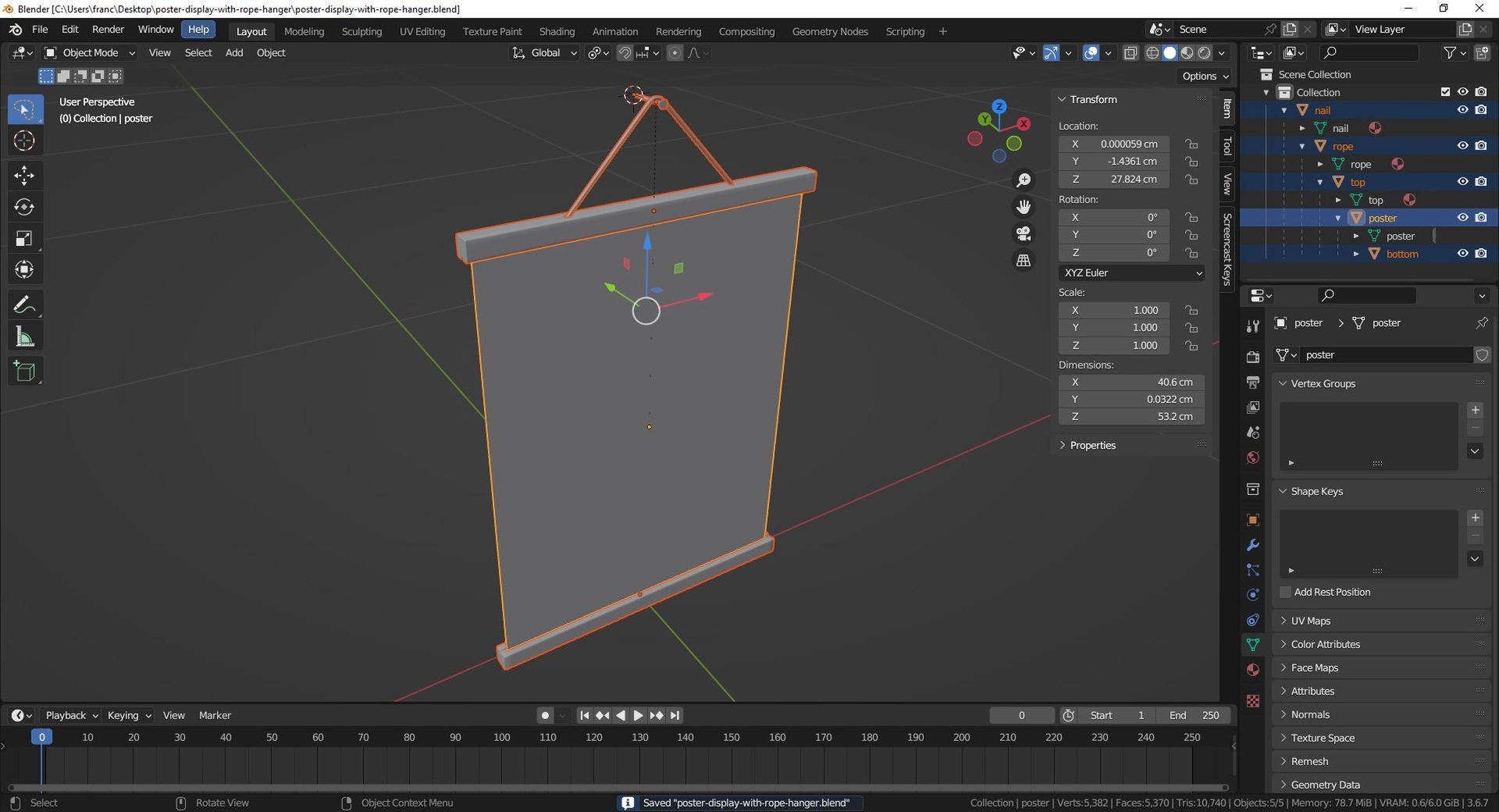 Poster display with rope hanger 3D model - TurboSquid 2175619
