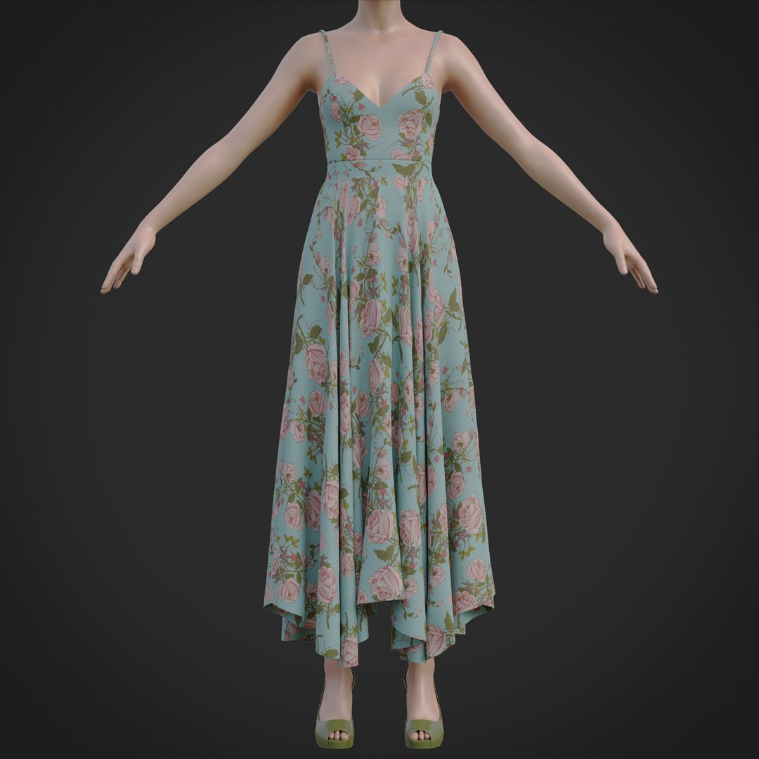 Flowy Floral Summer Maxi Dress 3D Model - TurboSquid 1762735