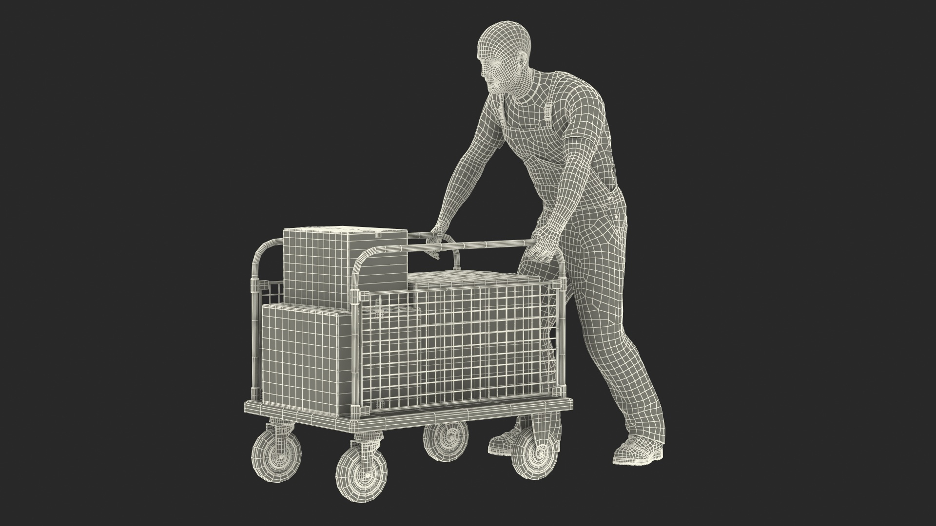 3D Worker With Platform Trolley Two Railing Cardboard Boxes Rigged Fur ...