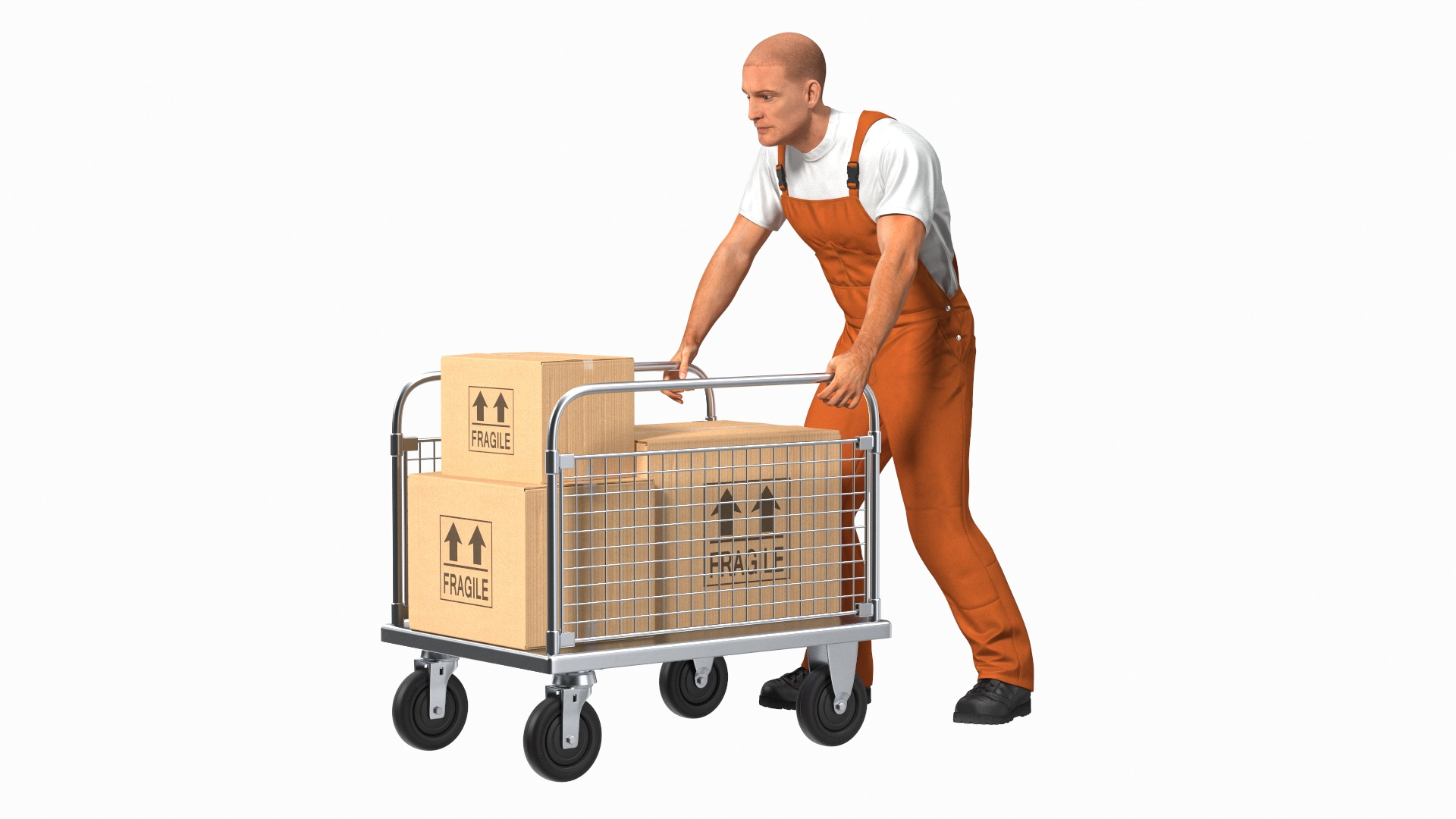 3D Worker With Platform Trolley Two Railing Cardboard Boxes Rigged Fur ...