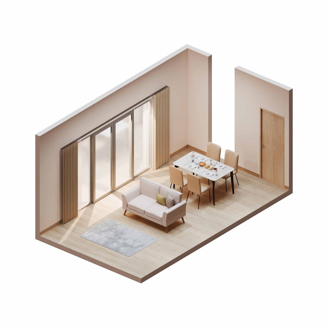 Isometric Dining Living Room With Wooden Floor 3D Model - TurboSquid ...