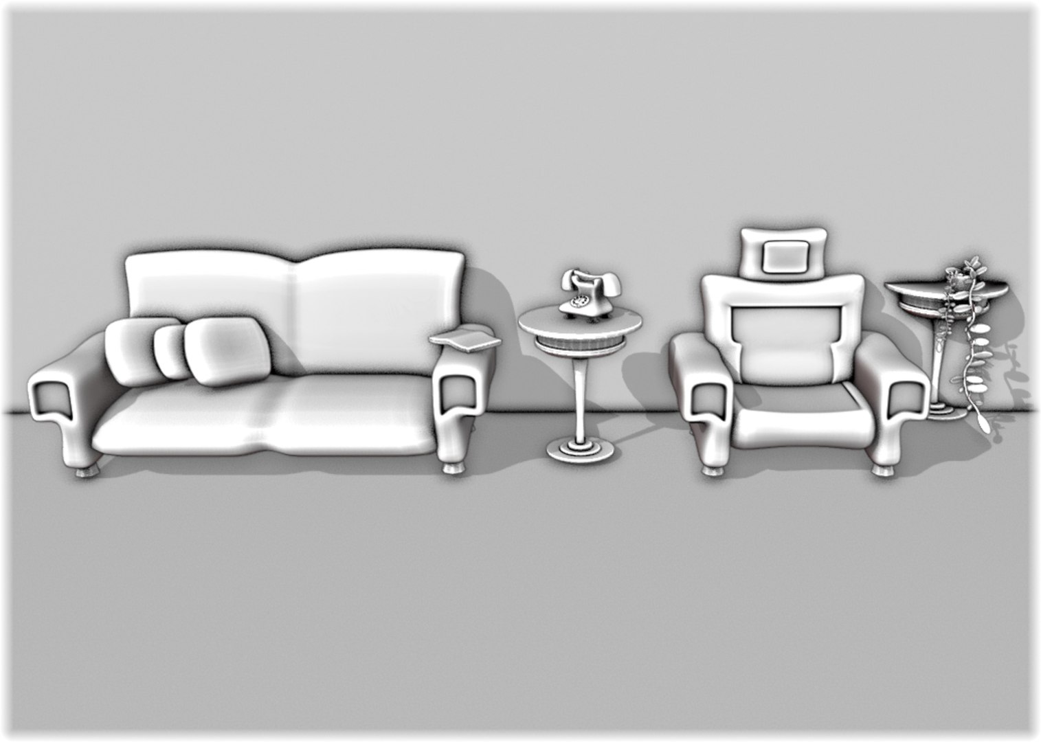 Set 3D Poltrona Divano Tavolino Telefono E Vaso Con Pianta Cartoon 3D ...