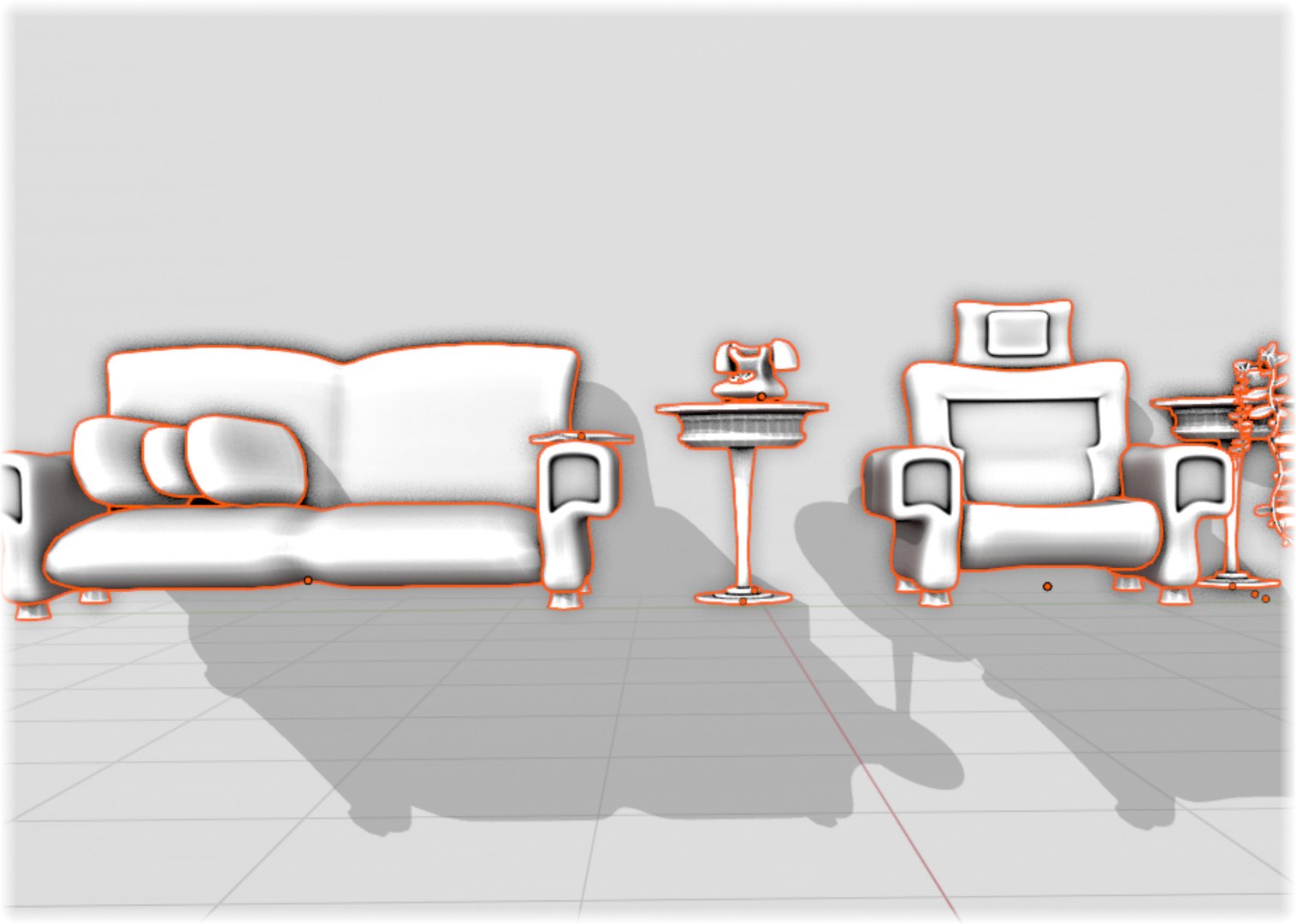 Set 3D Poltrona Divano Tavolino Telefono E Vaso Con Pianta Cartoon 3D ...