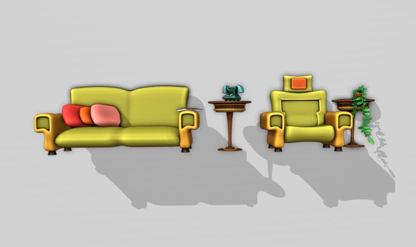 Set 3D poltrona divano tavolino telefono e vaso con pianta Cartoon 3D ...