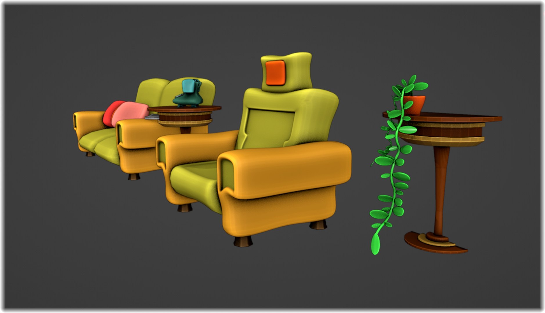 Set 3D Poltrona Divano Tavolino Telefono E Vaso Con Pianta Cartoon 3D ...