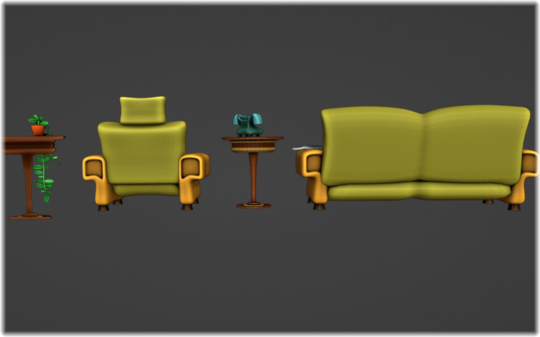 Set 3D Poltrona Divano Tavolino Telefono E Vaso Con Pianta Cartoon 3D ...