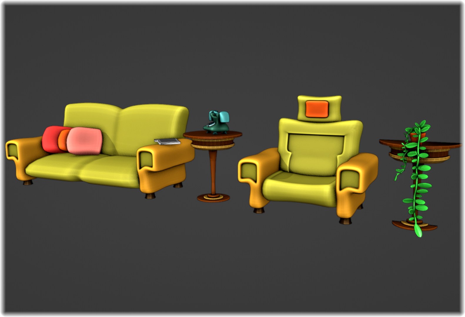 Set 3D Poltrona Divano Tavolino Telefono E Vaso Con Pianta Cartoon 3D ...