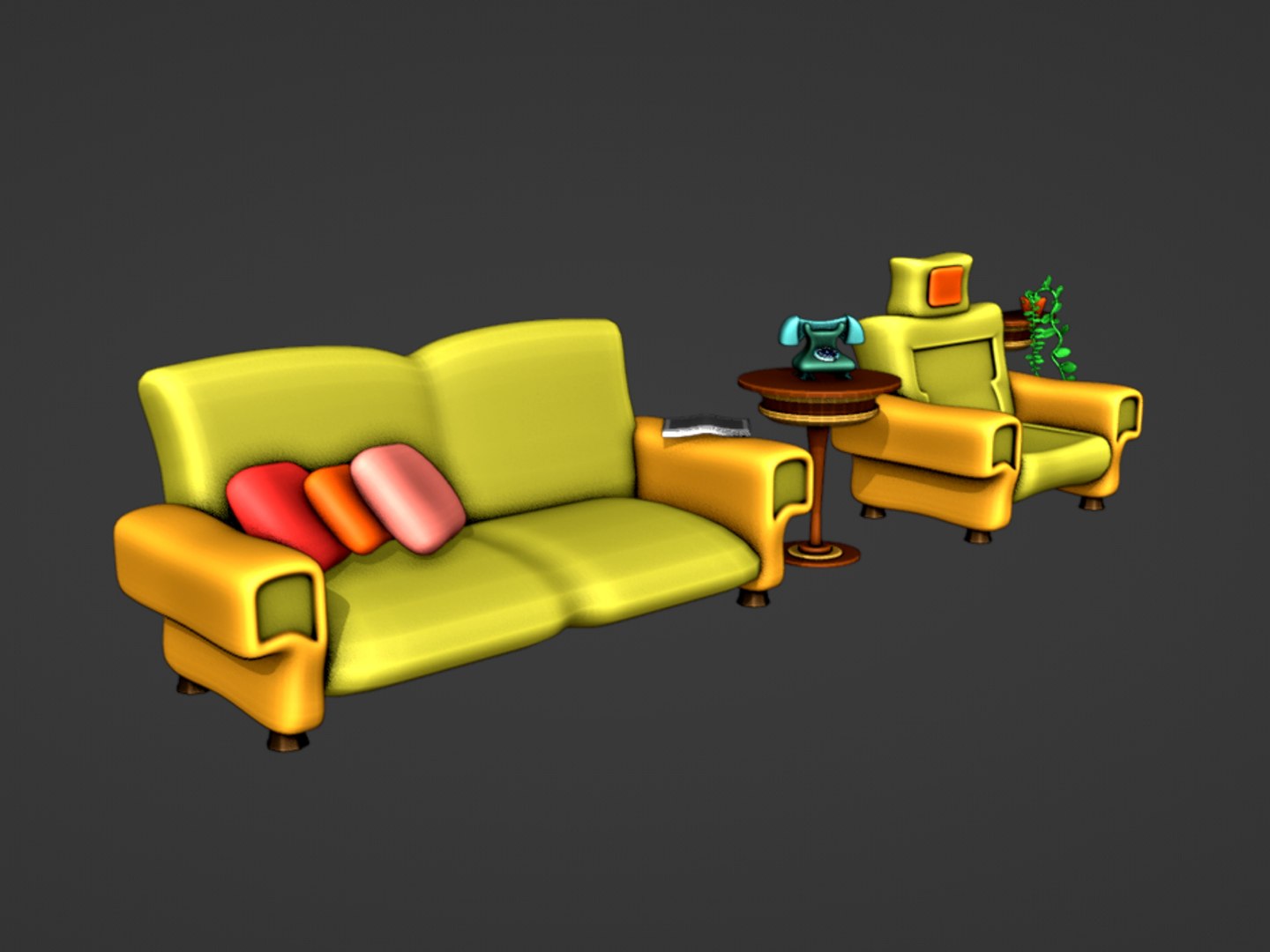 Set 3D Poltrona Divano Tavolino Telefono E Vaso Con Pianta Cartoon 3D ...