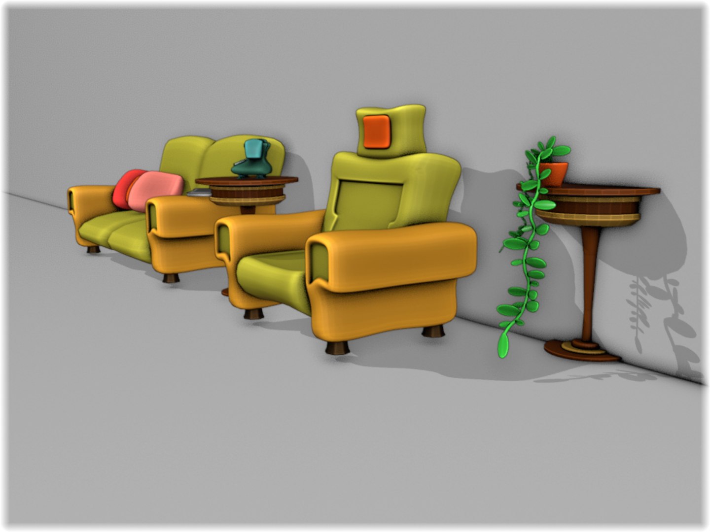 Set 3D Poltrona Divano Tavolino Telefono E Vaso Con Pianta Cartoon 3D ...