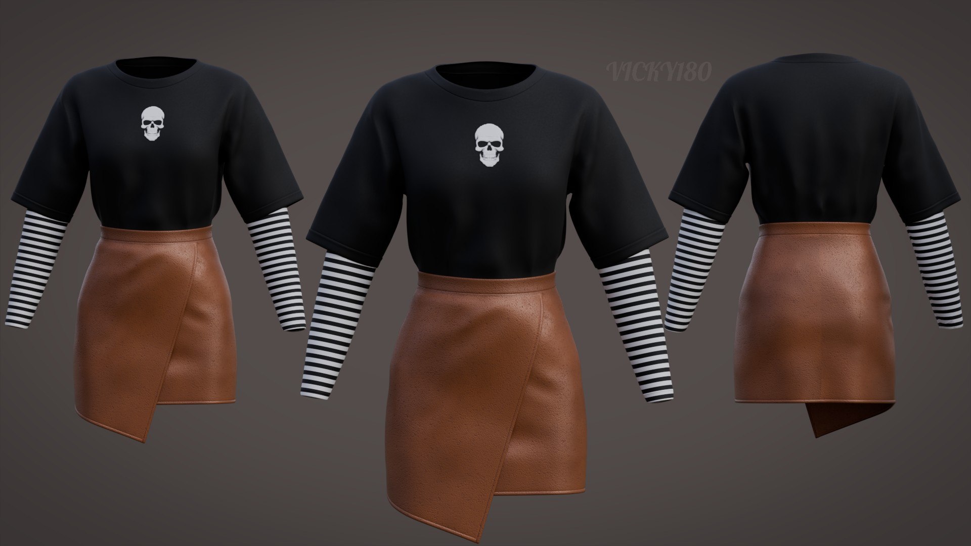 3D Goth Harajuku Stripes Skull T-Shirt And Brown Leather Mini Skirt Emo ...