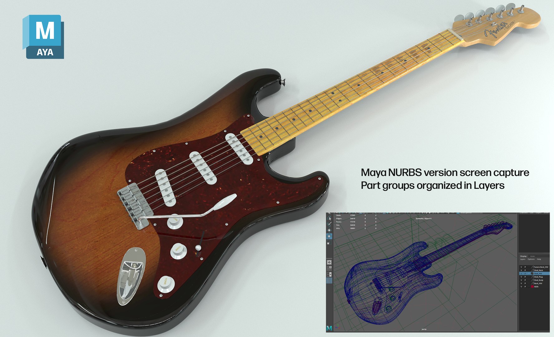3D Fender Stratocaster Sunburst - TurboSquid 2202419