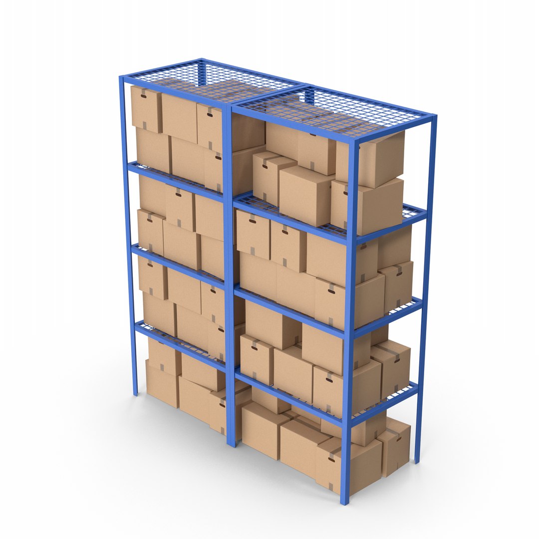 Blue Warehouse Racks And Cardboard Boxes 3D - TurboSquid 2374031