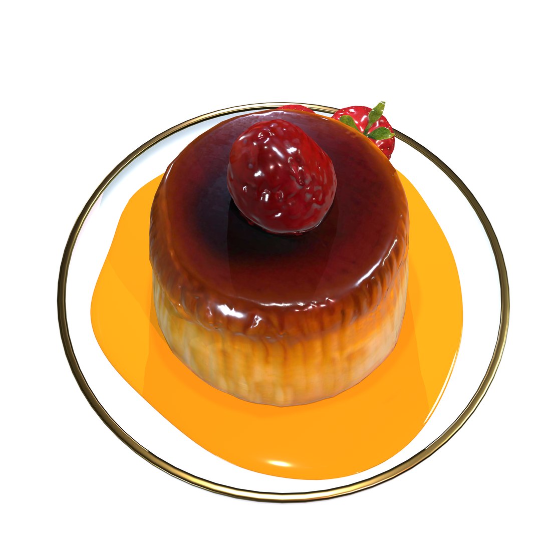 3D Model Caramel Custard Pudding With Strawberry - TurboSquid 2356033