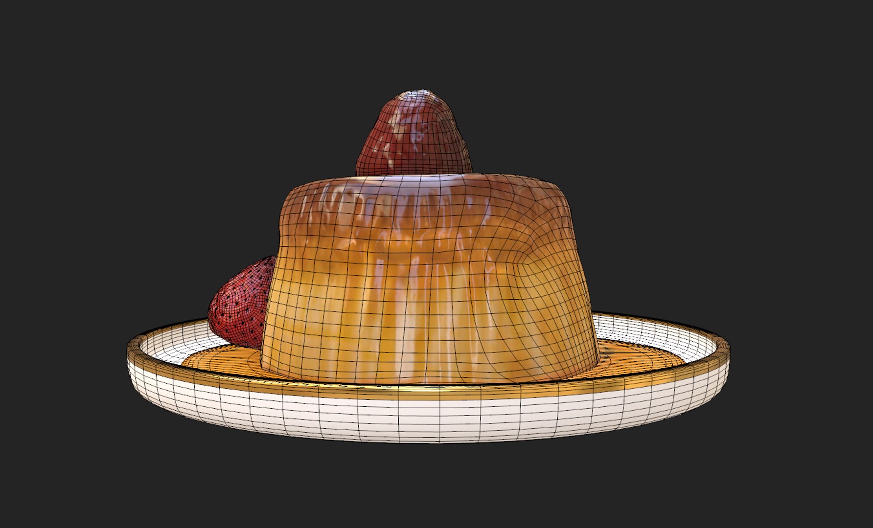 3D Model Caramel Custard Pudding With Strawberry - TurboSquid 2356033
