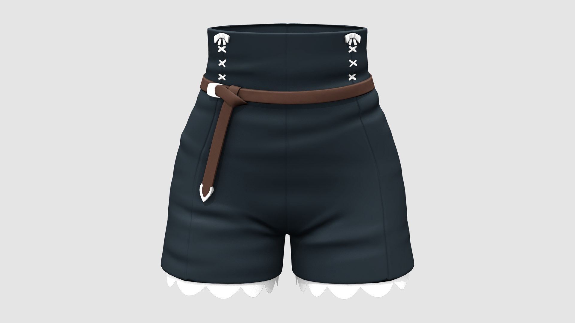 High Waist Shorts Belt Scallops Stitch Decorated Black Dark Navy 3D ...
