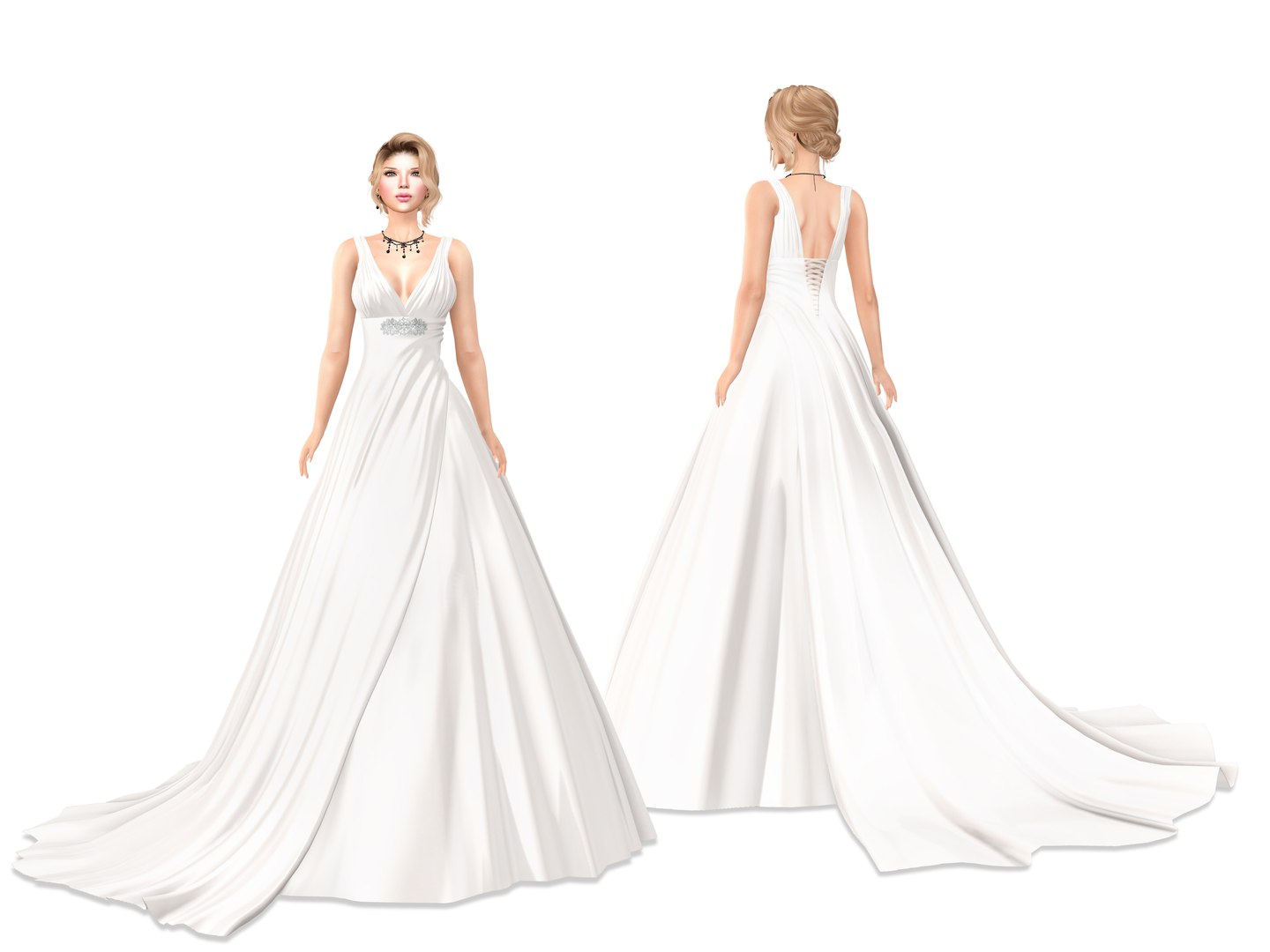 3D A Line Deep V Neck Corset Back Satin Ruched Wedding Dress Model - TurboSquid 2072432