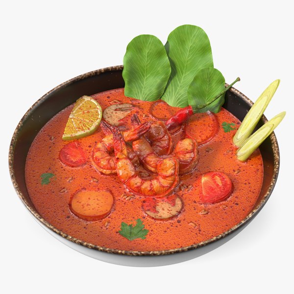 3D модель Острый суп Том Ям с креветками и листьями бок-чой ...