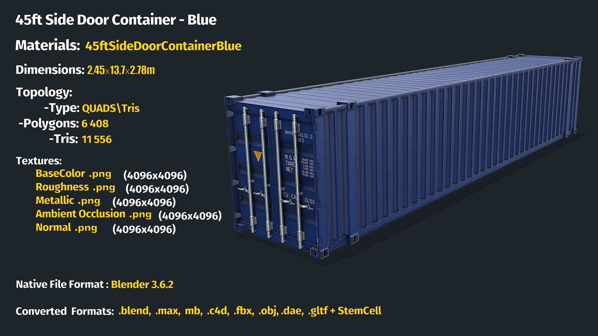 3D 45ft Shipping Container - Blue Model - TurboSquid 2152434