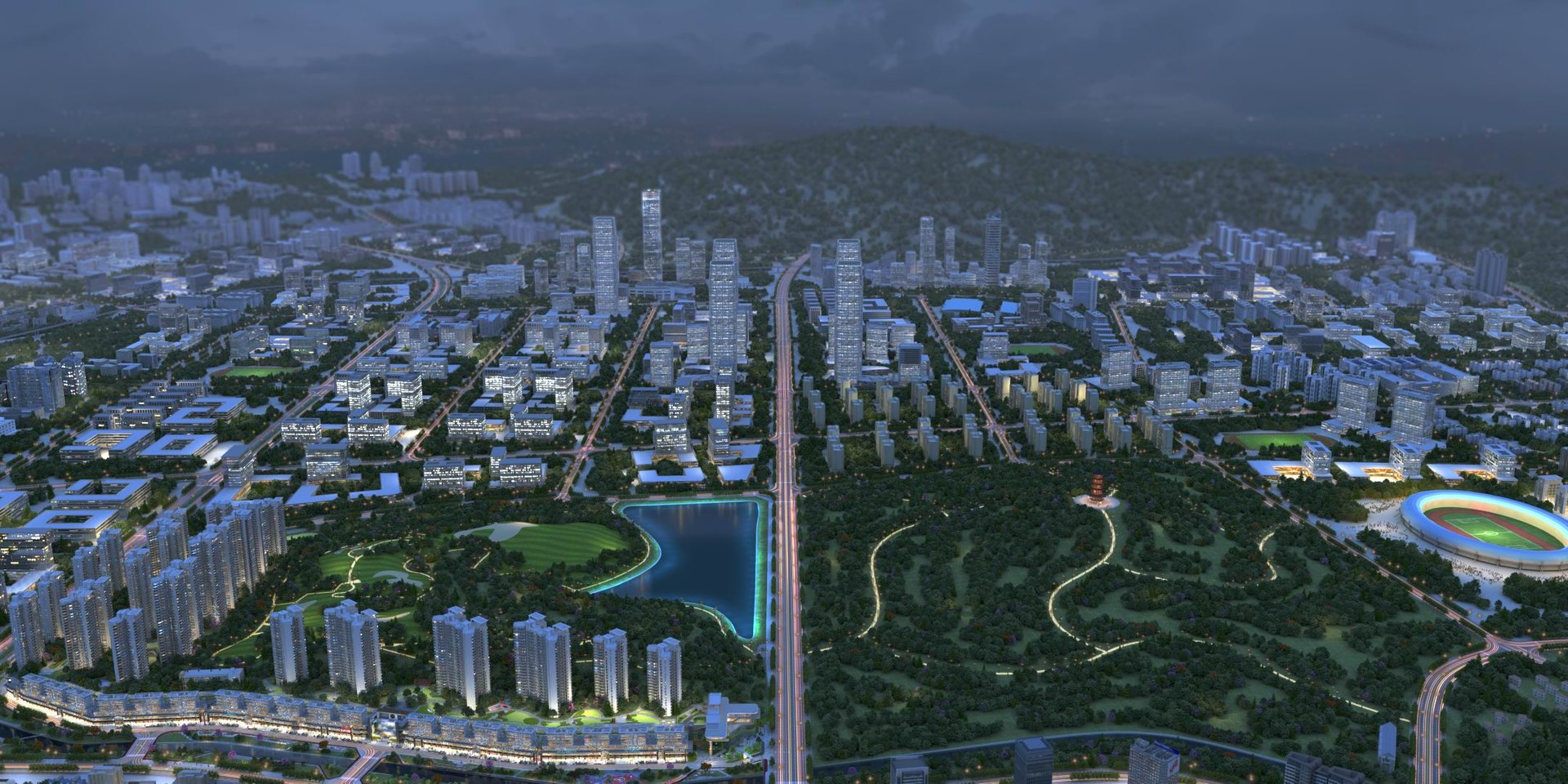 Aerial View Of City Night Scene 3D Building Animation Model 3D ...