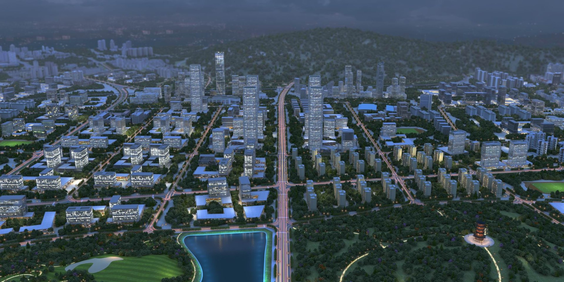 Aerial View Of City Night Scene 3D Building Animation Model 3D ...